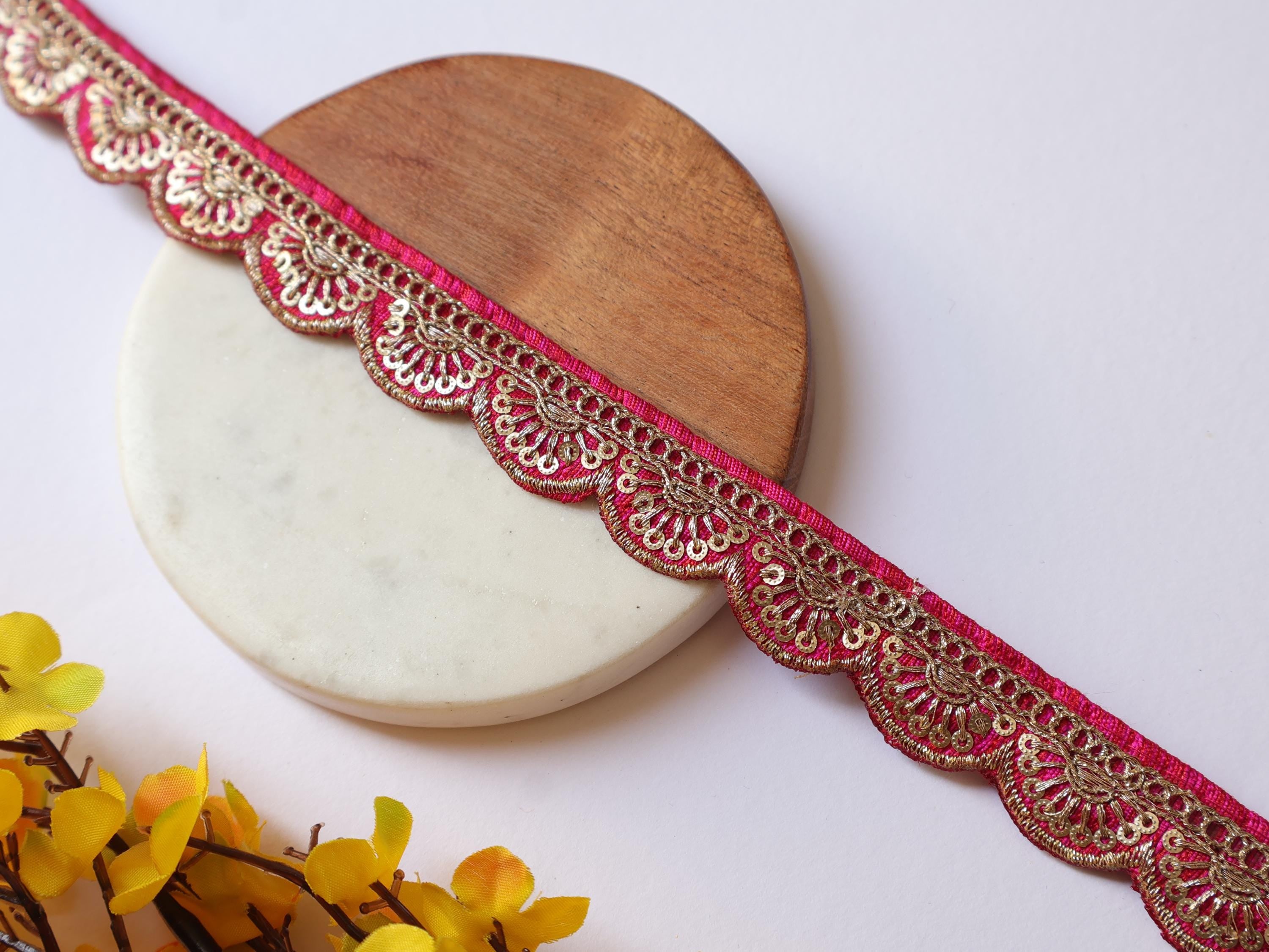 Hot Pink Narrow Scallop Zari Lace Trim - 9 Yards long – Kora Casa Designs