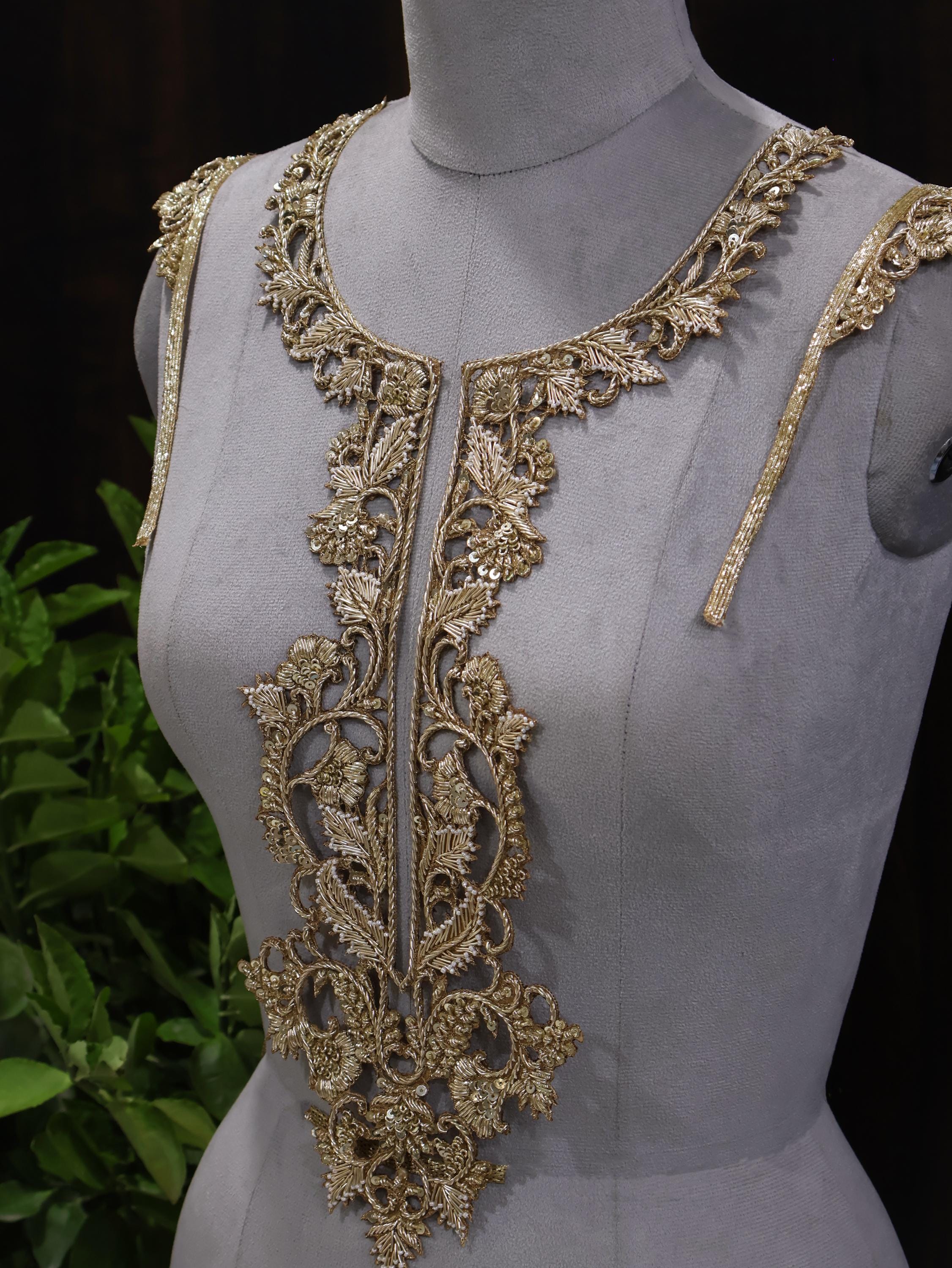 Golden Embroidered Neckline Patch with Sleeves: Indian Zardozi Appliqu ...